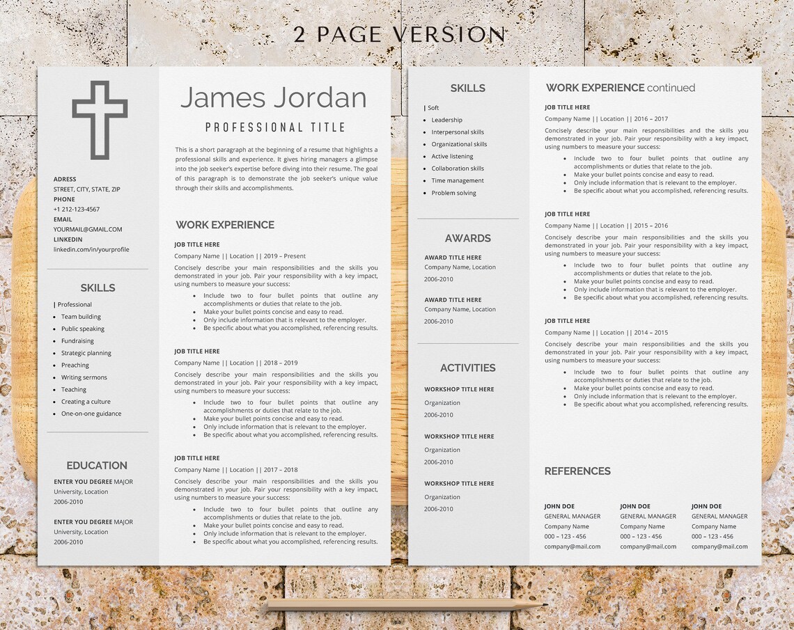 Pastor Resume Template and Cover Letter for Word, Religion Teacher ...
