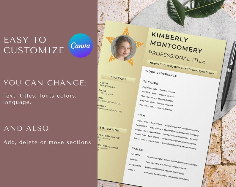 Child Actor Resume Template With Photo for Canva: Perfect for Aspiring ...