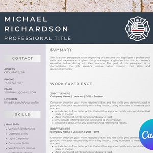 Firefighters Resume Template for Canva, Fire Investigators Cv, Fire ...