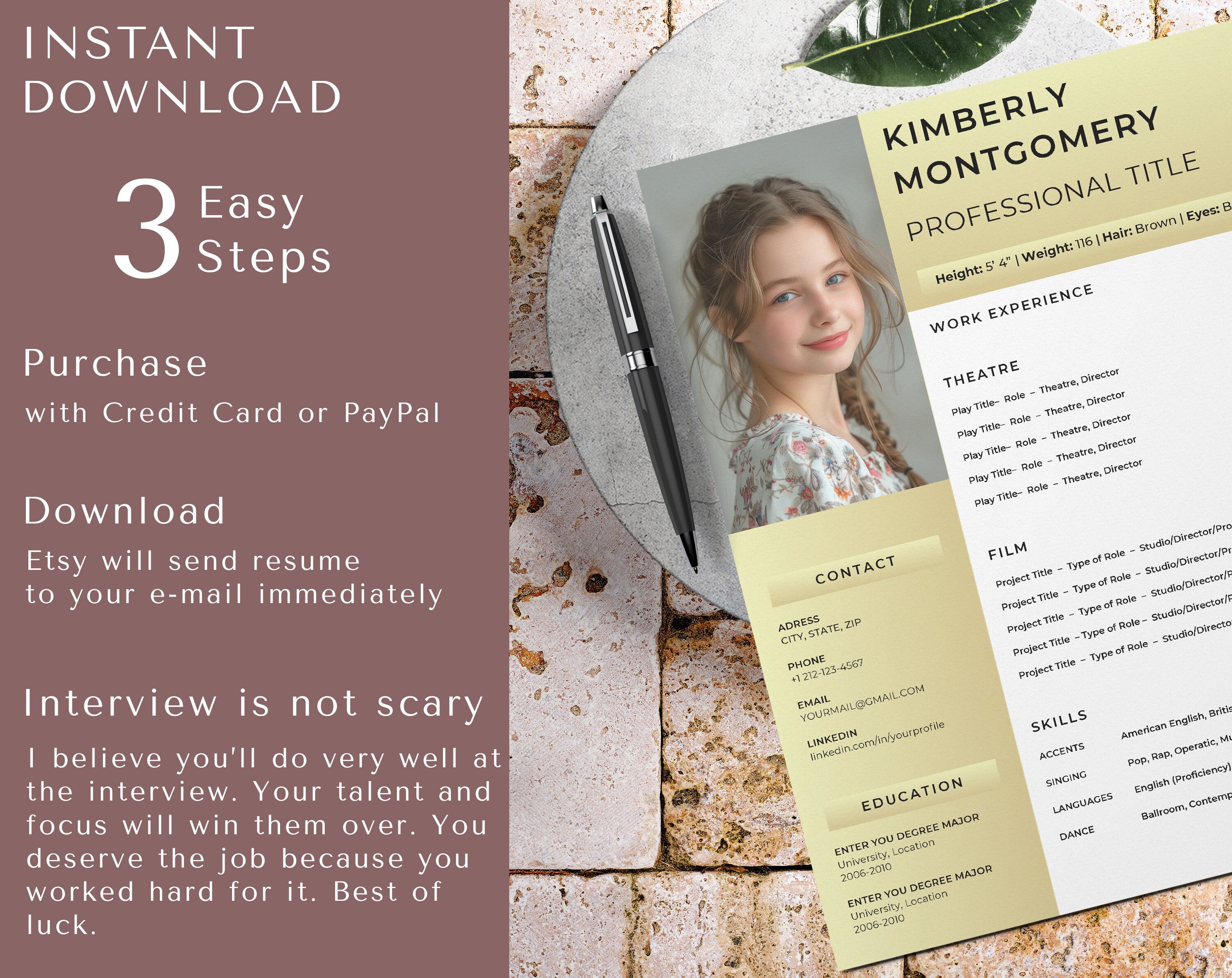 Child Actor Resume Template With Photo for Canva: Ideal for Young ...