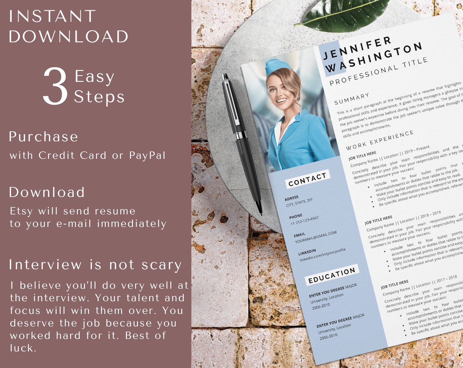 Flight Attendant Resume Template for Word, Stewardess Resume, Aviation ...