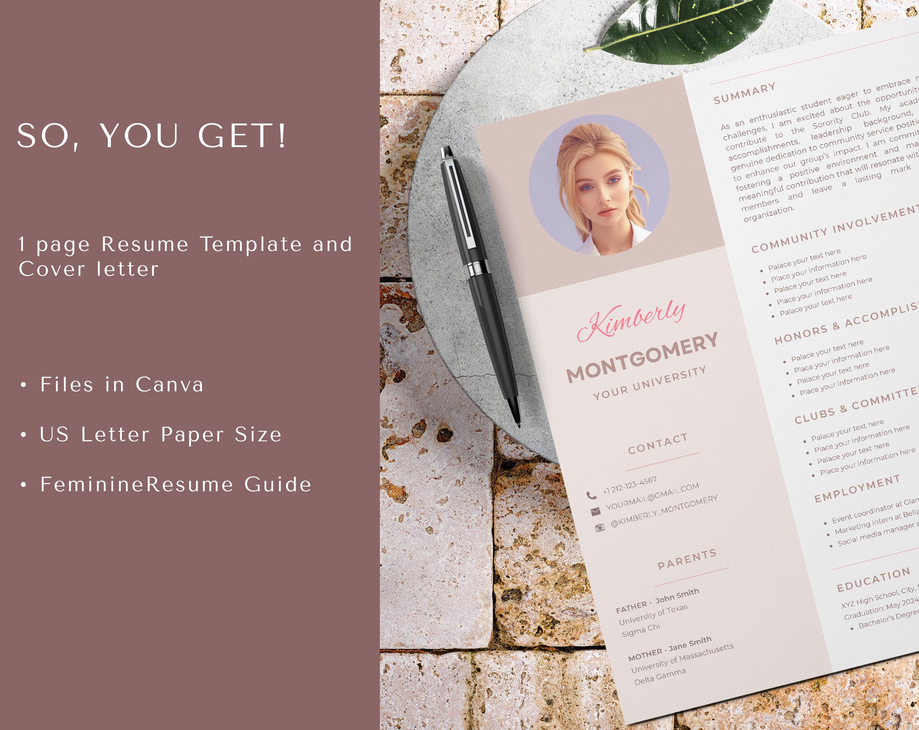 Sorority Resume Template With Photo for Canva: Perfectly Crafted for ...