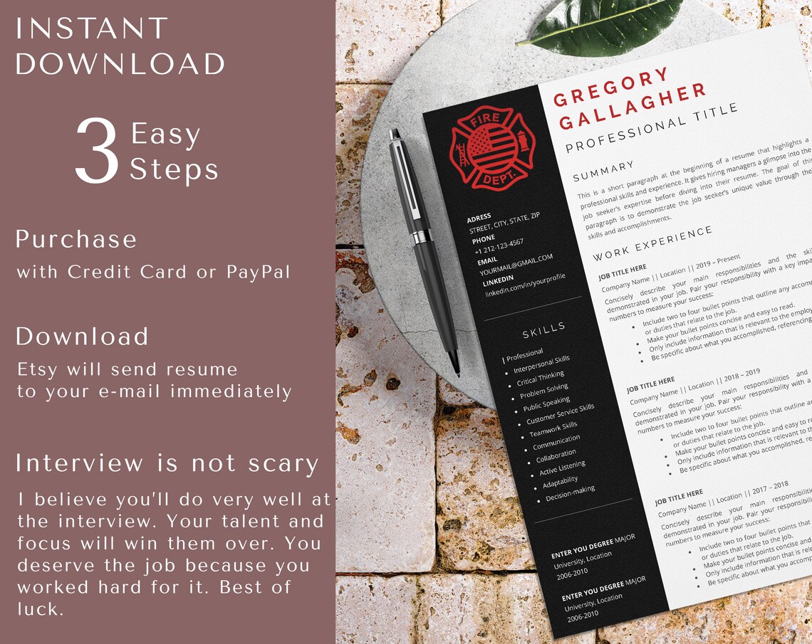 Firefighter Resume Template for Word, Fire Chief, Volunteer Firefighter ...