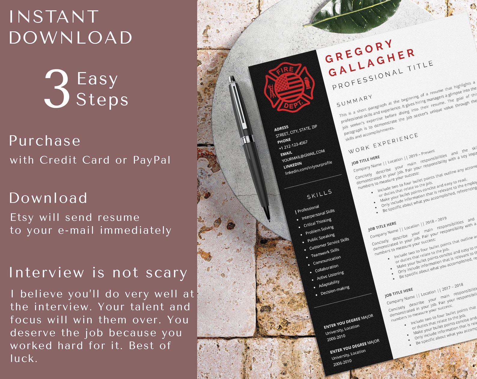 Firefighter Resume Template for Word, Fire Chief, Volunteer Firefighter ...