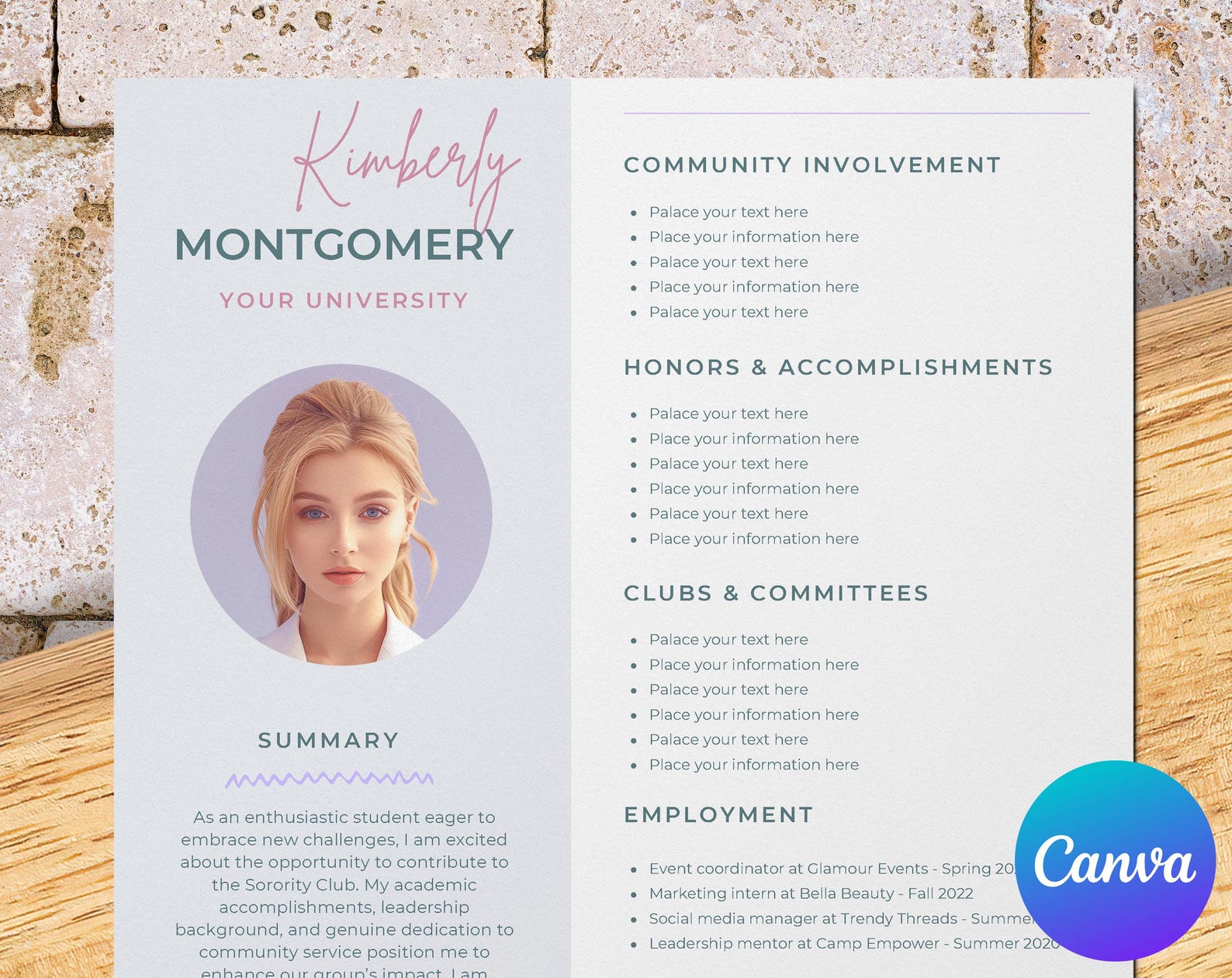 Sorority Resume Template With Photo for Canva: Highlight Your Sorority ...
