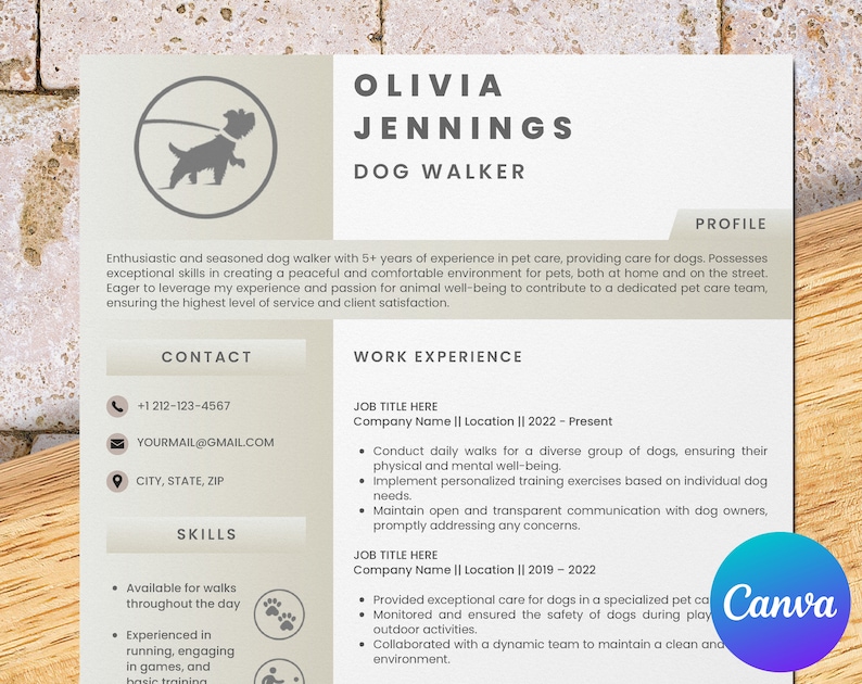 Dog Walker Resume Template for Canva, Pet Sitter, Dog Trainer, Dog ...