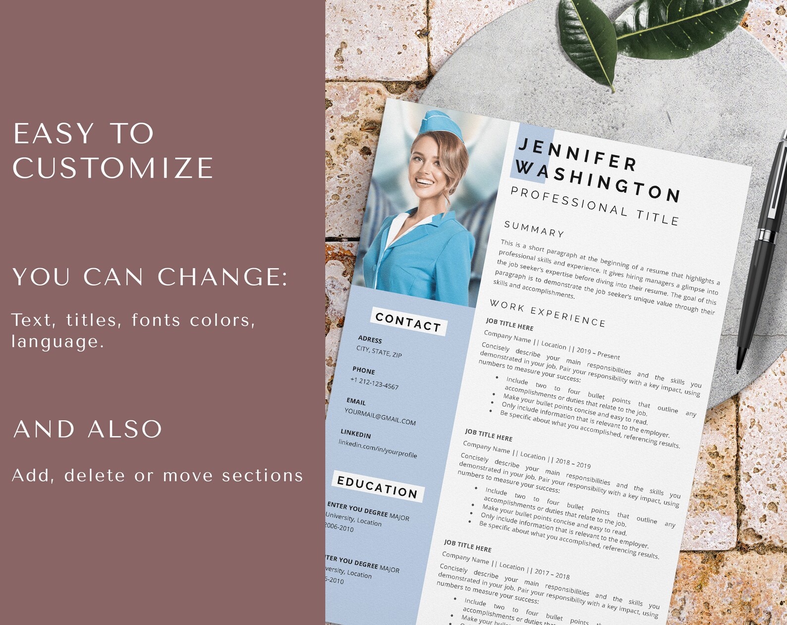 Flight Attendant Resume Template for Word, Stewardess Resume, Aviation ...