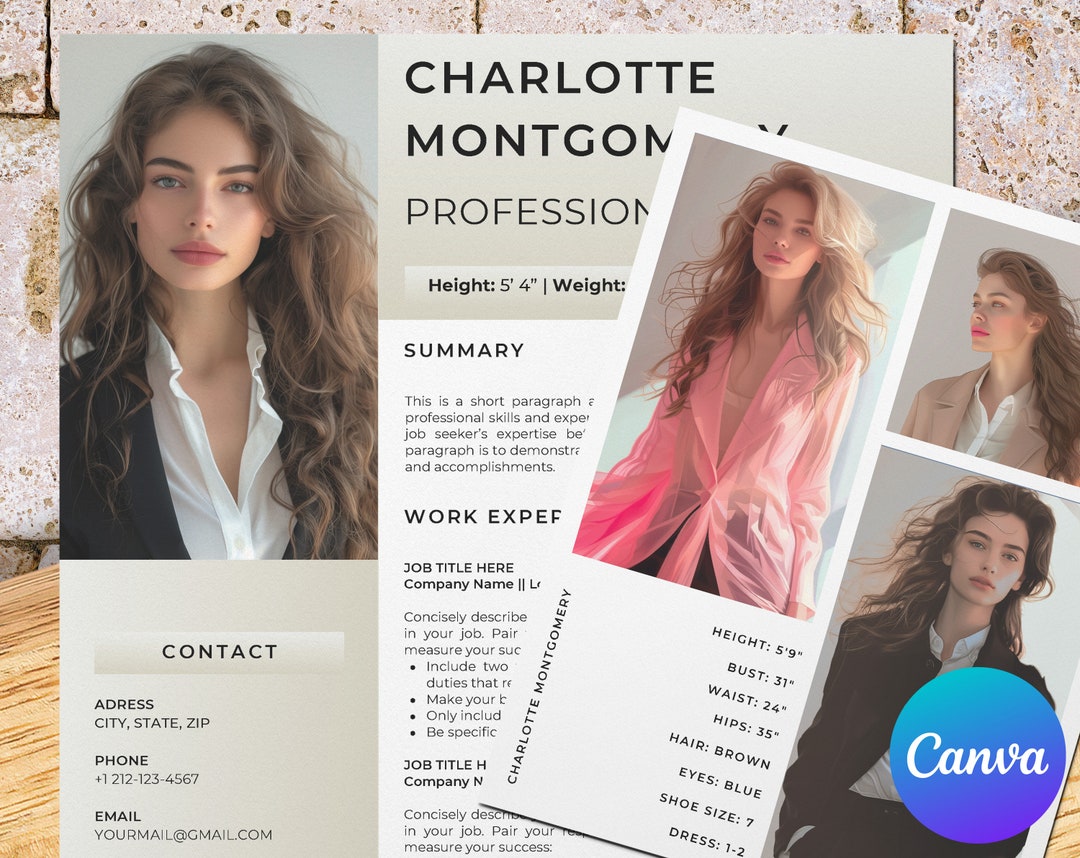 Model Resume Template With Photo for Canva: Fashion-infused ...