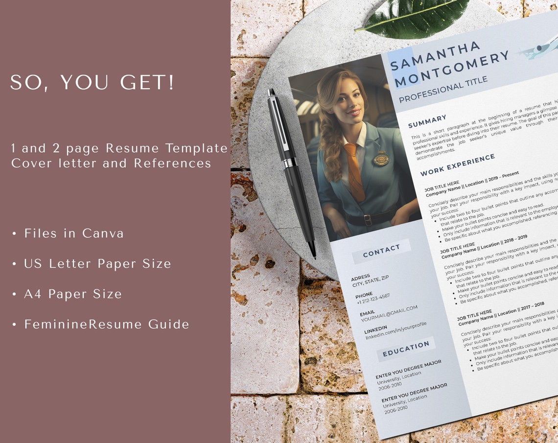 Flight Attendant Resume Template With Photo for Canva, Stewardess ...