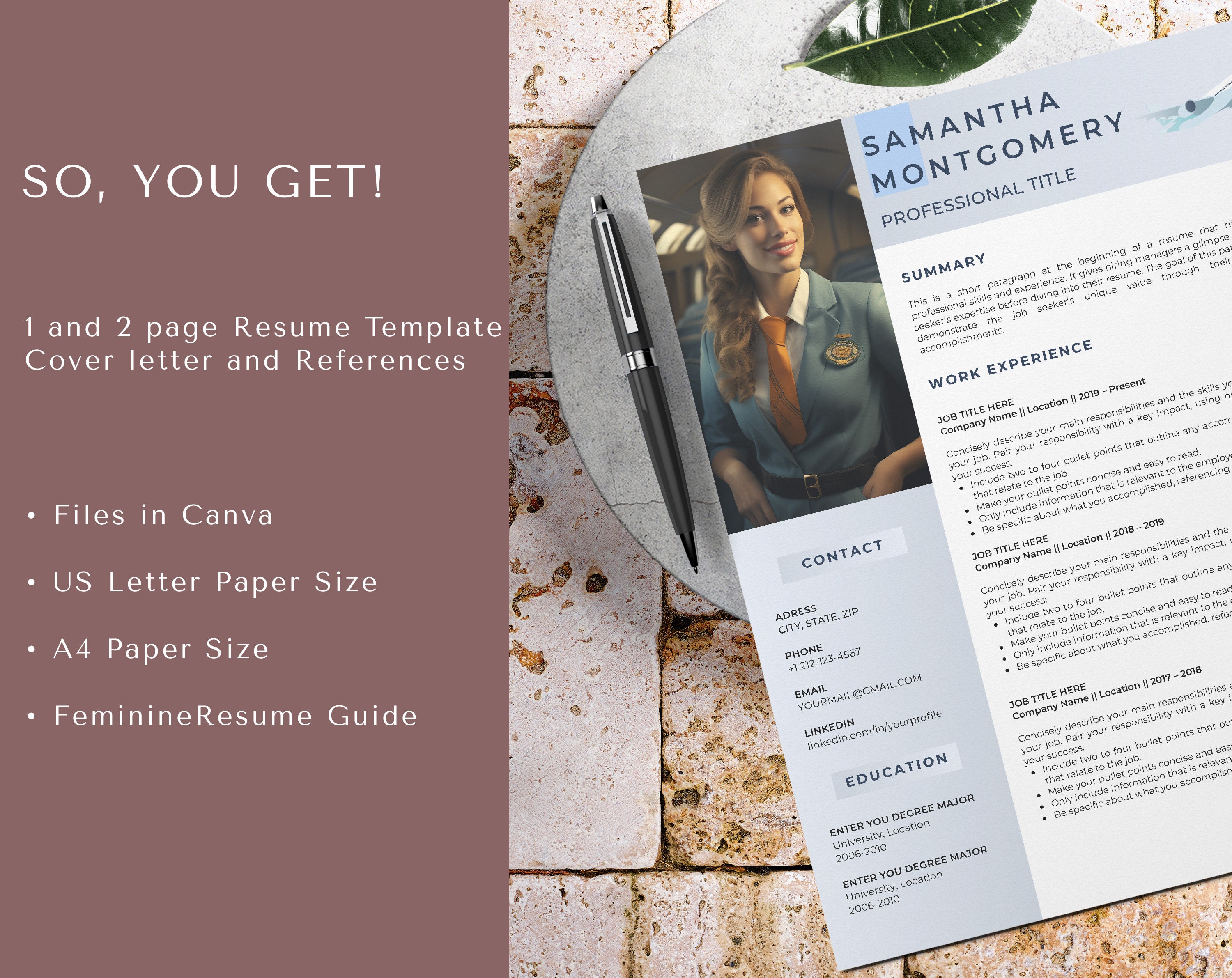 Flight Attendant Resume Template With Photo for Canva, Stewardess ...