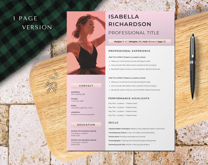 Ballet Dancer Resume Template for Canva: Highlight Your Ballerina ...
