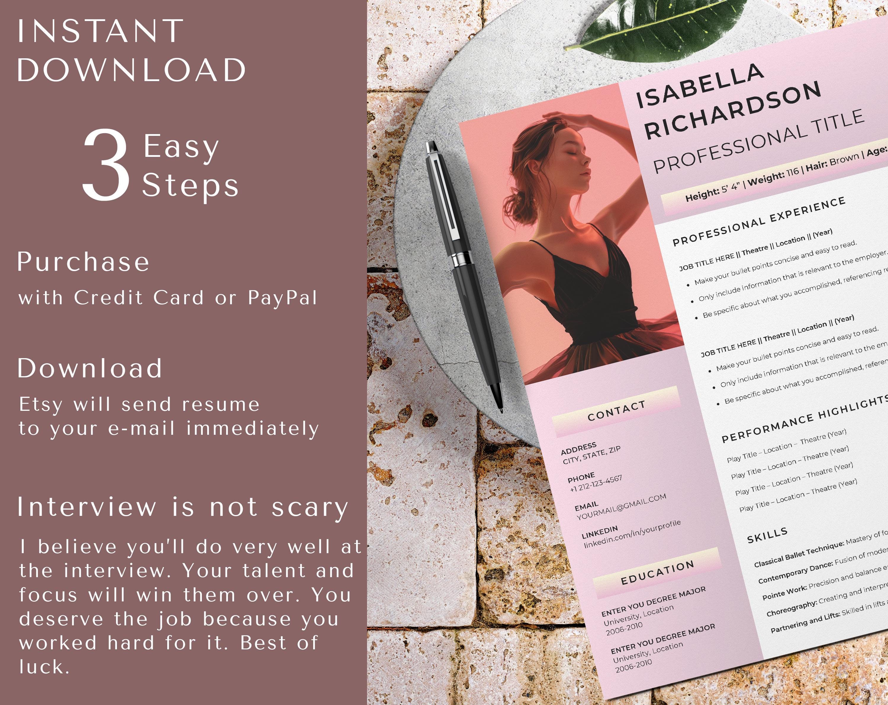 Ballet Dancer Resume Template for Canva: Highlight Your Ballerina ...
