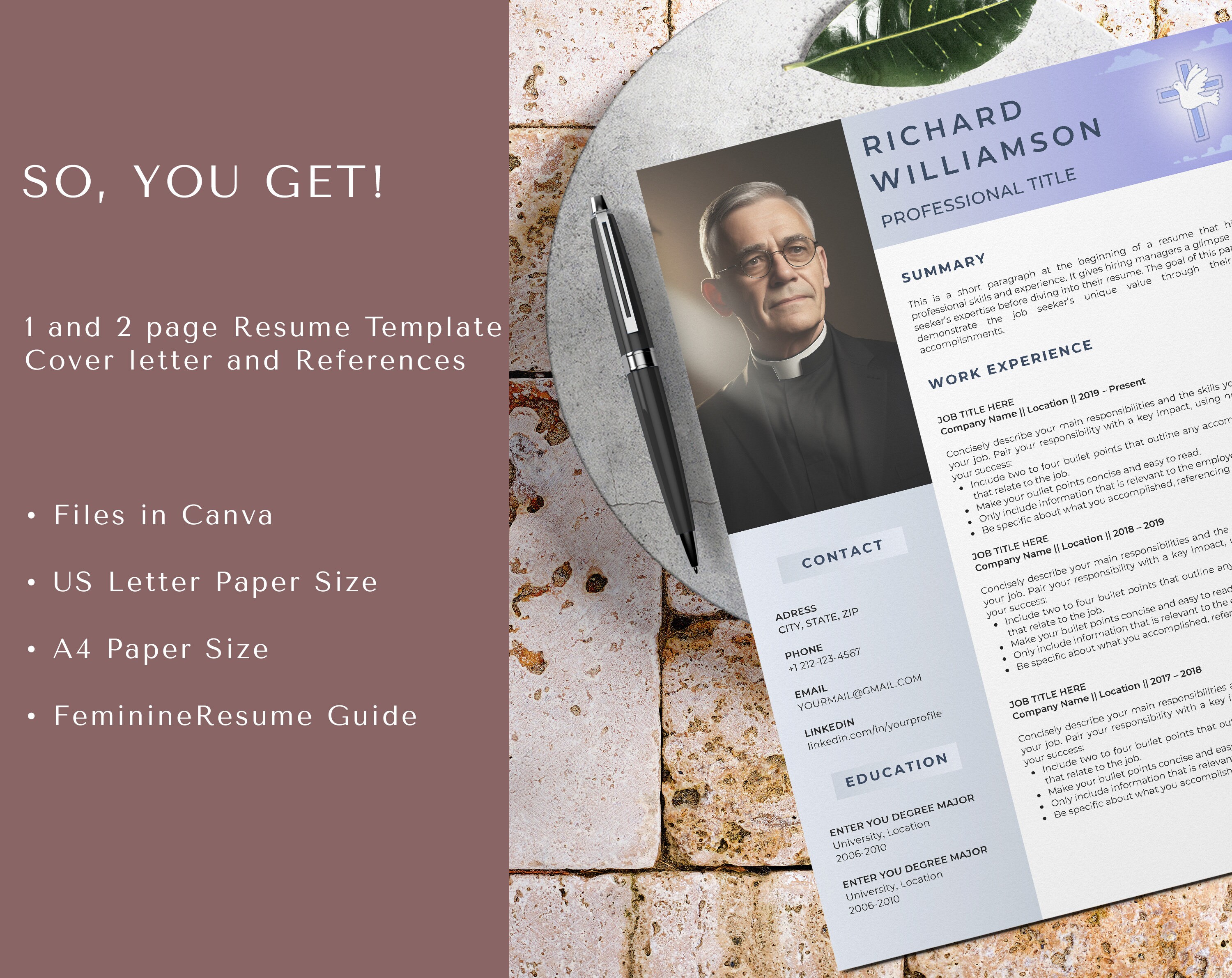 Pastor Resume Template for Canva, Religion Resume, Church Cv, Chaplain ...