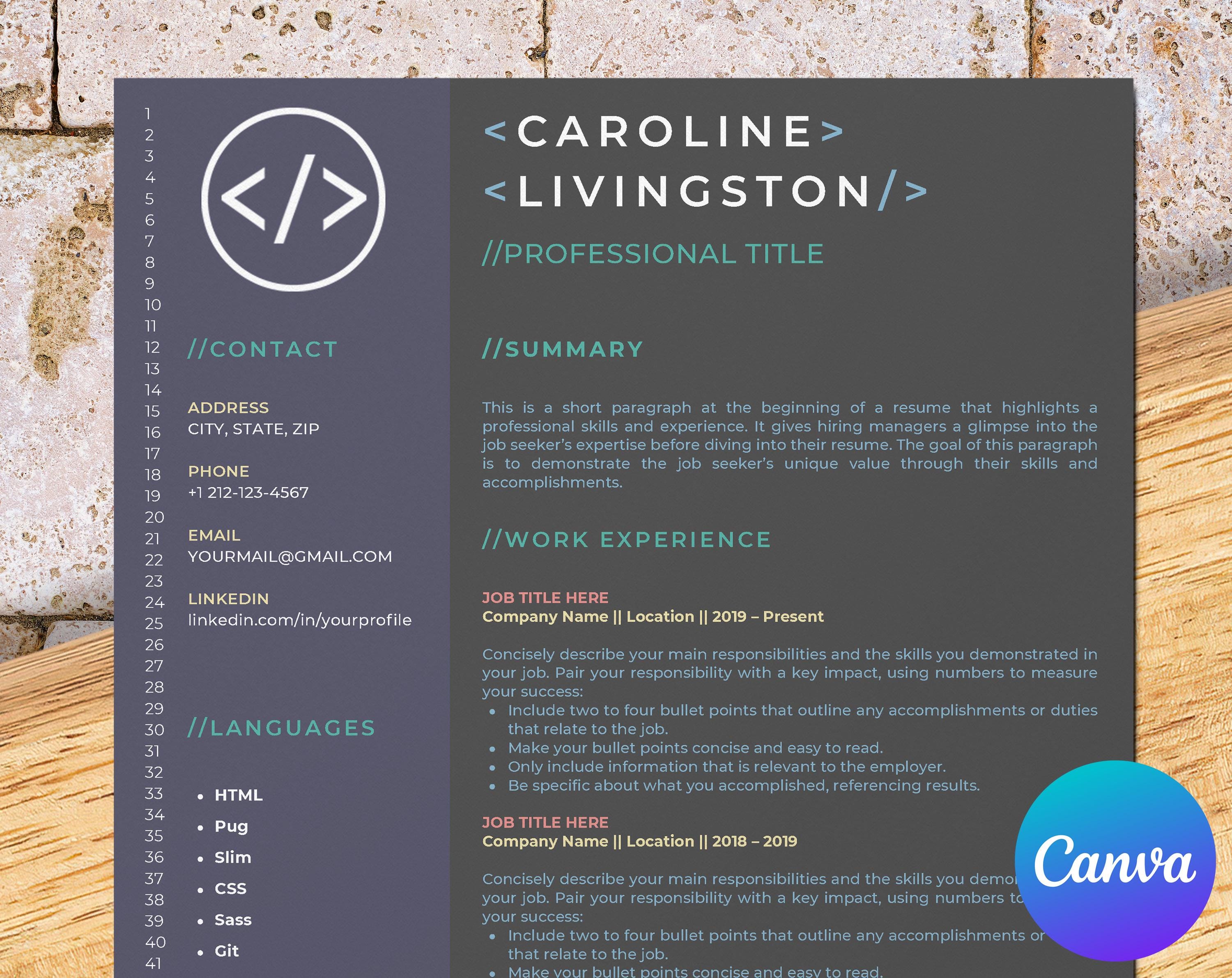 Developer Resume Template for Canva: Built for Software Web Engineers ...