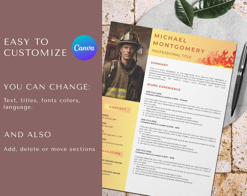 Firefighter Resume Template With Photo for Canva, Fire Chief, Volunteer ...