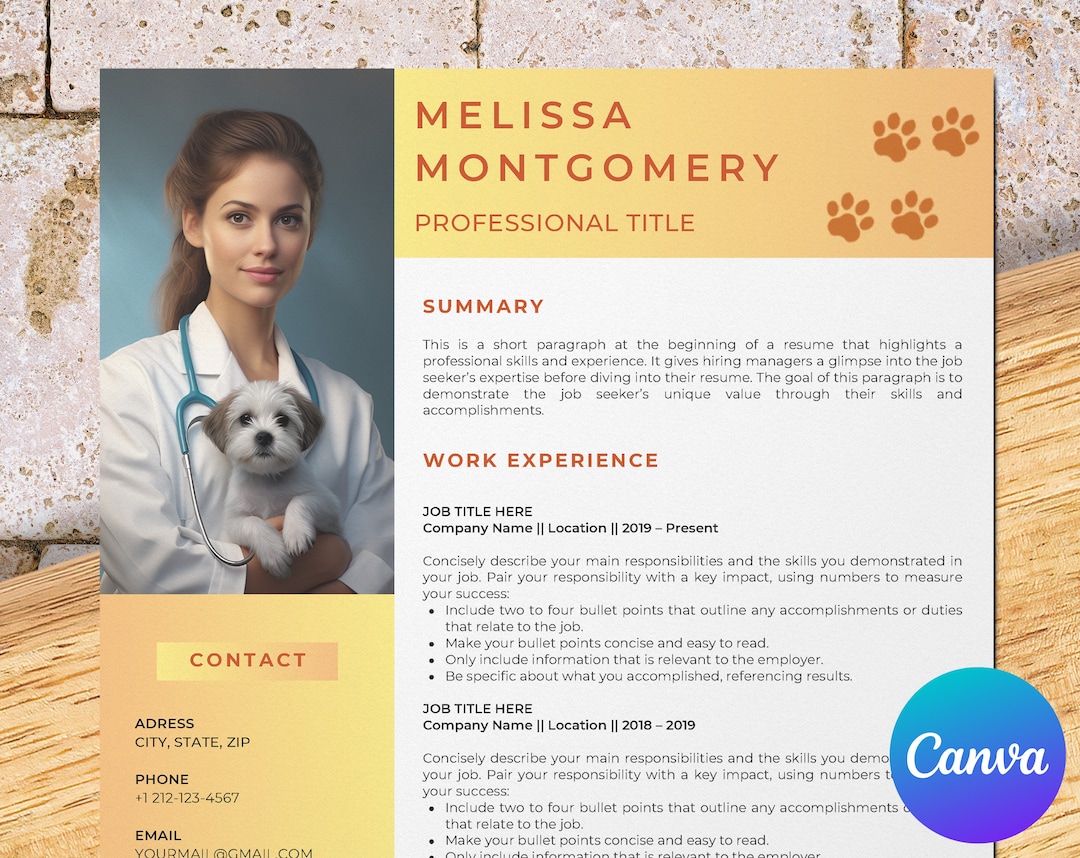 Veterinary Assistant Resume Template With Photo for Canva, Veterinary ...