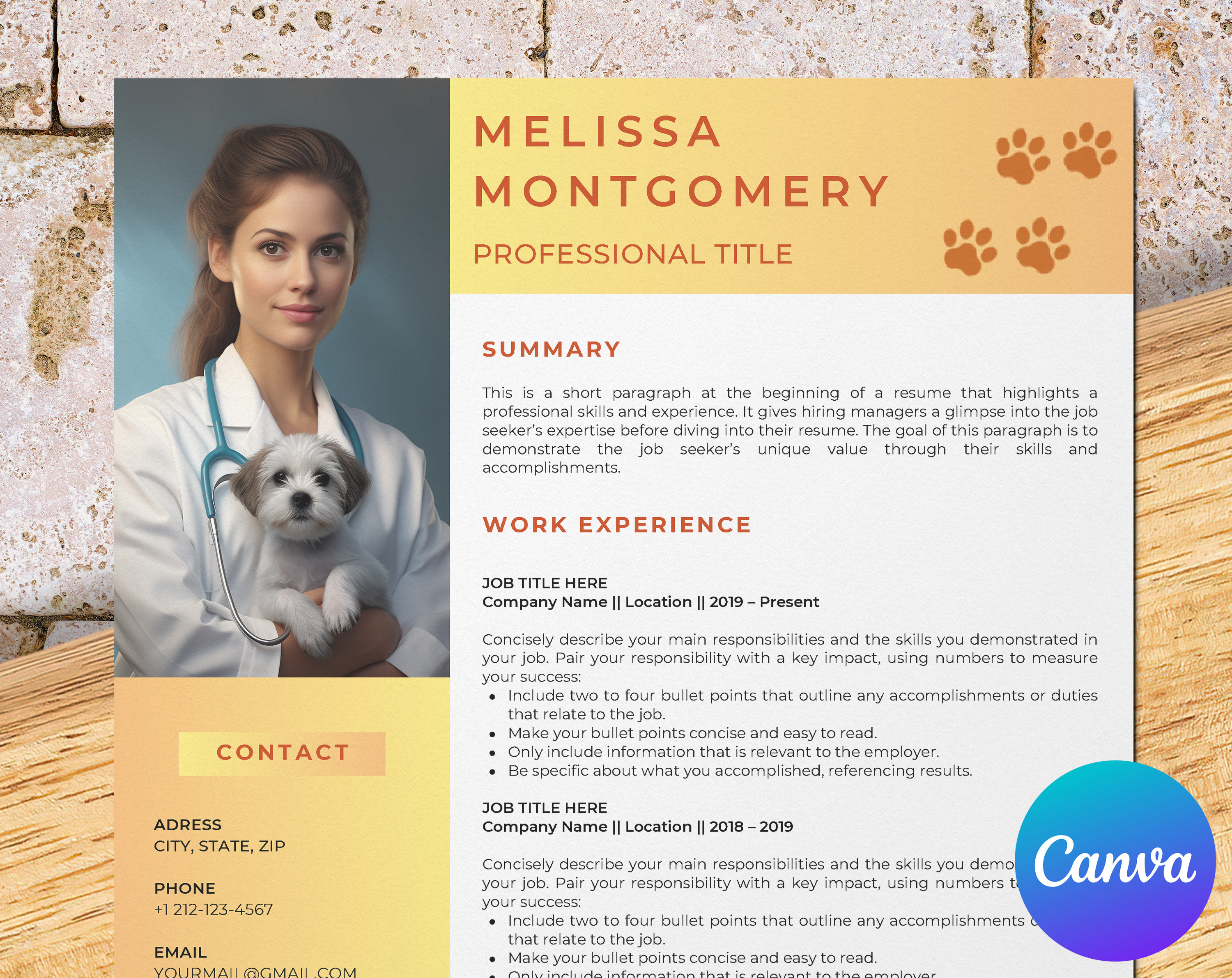 Veterinary Assistant Resume Template With Photo for Canva, Veterinary ...