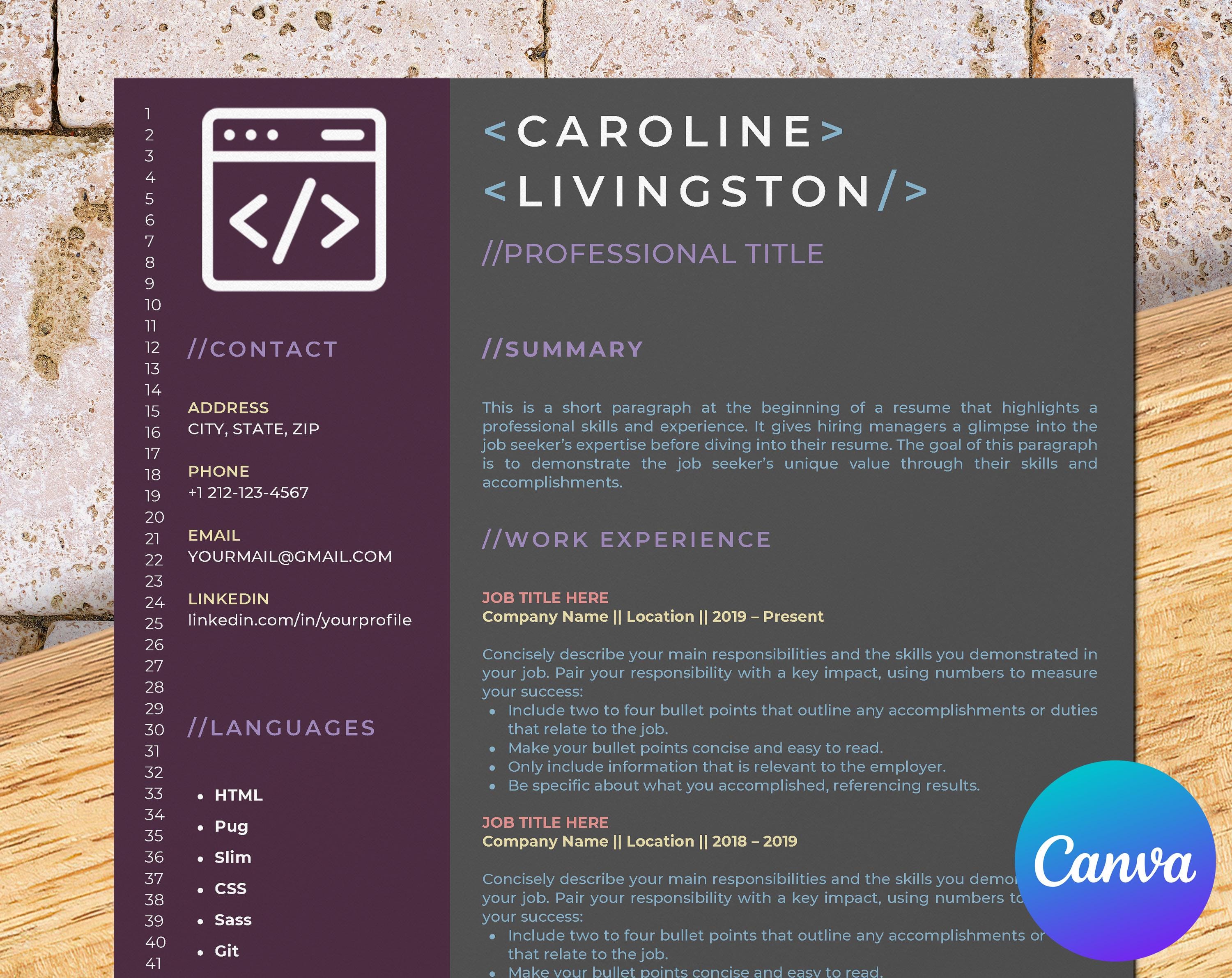 Developer Resume Template for Canva: for Software Web Engineers, It Programmer, Java, Full Stack ...