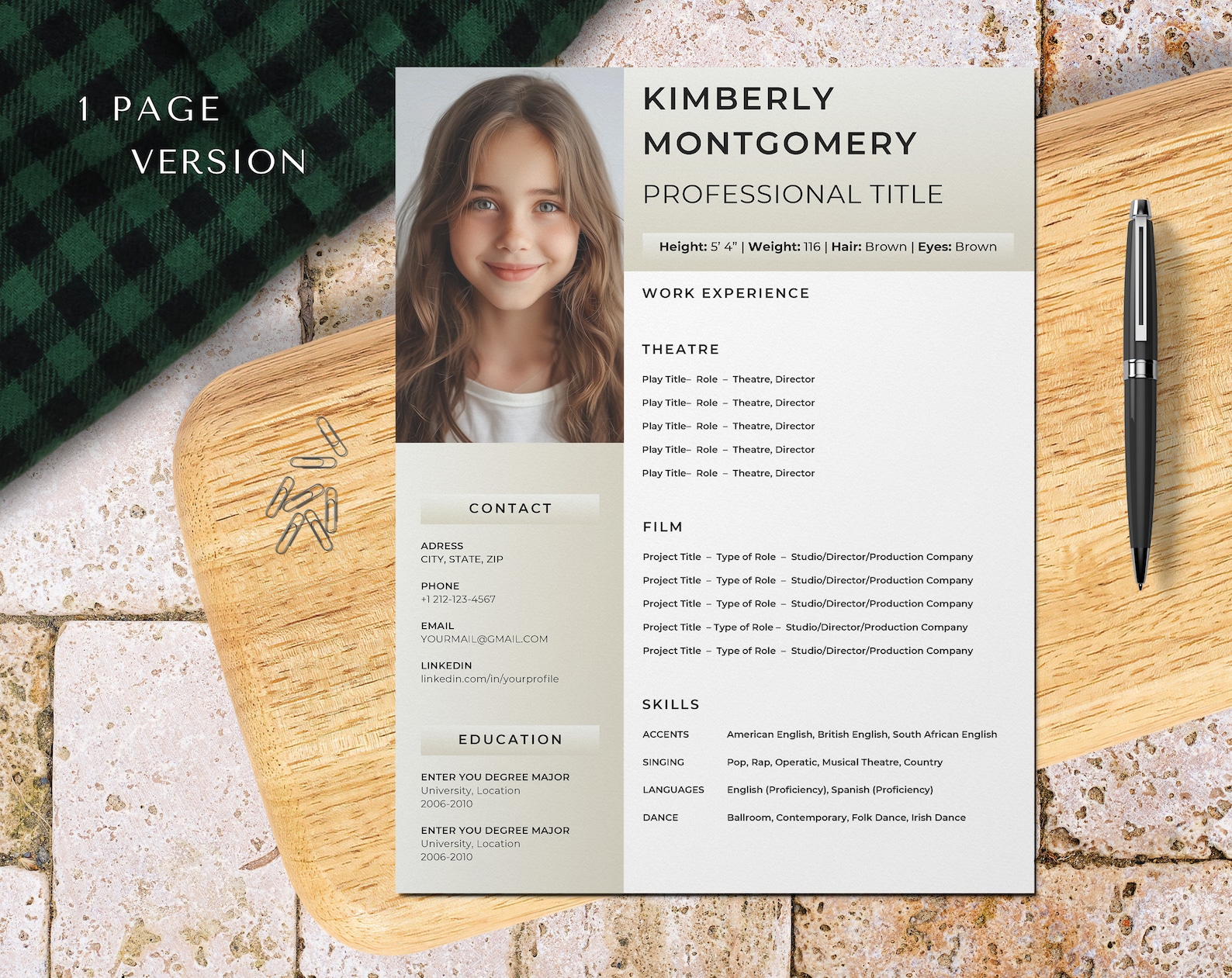 Child Actor Resume Template With Photo for Canva, Child Model Actor and ...