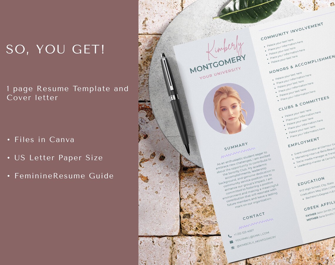 Sorority Resume Template With Photo for Canva: Highlight Your Sorority ...