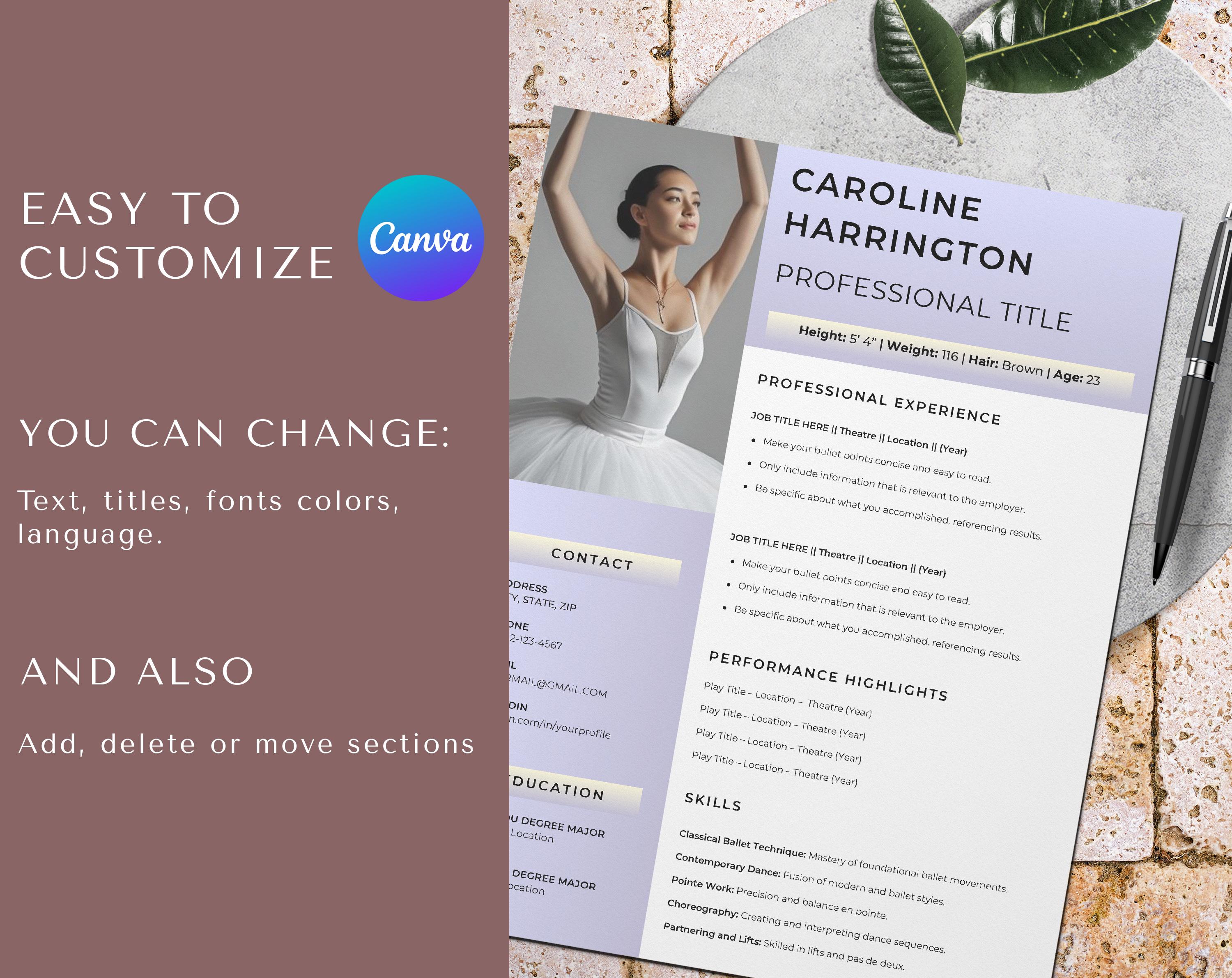 Ballet Resume Template for Canva: Perfect for Showcasing Your Ballerina ...