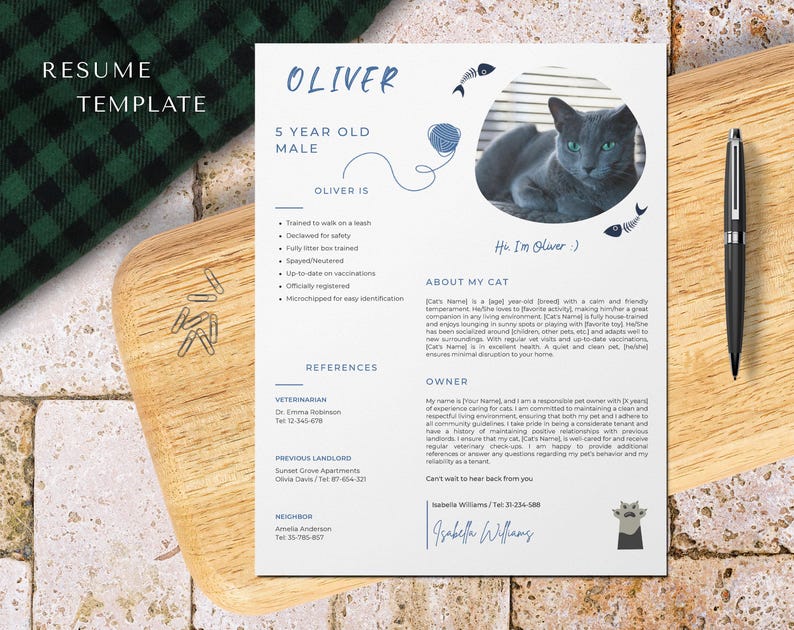 Cat Resume With Photo for Canva, Cat Resume for Rental Application, Cat ...