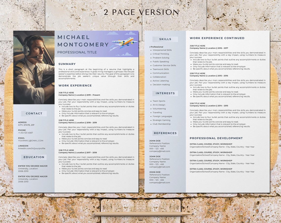 Pilot Resume Template With Photo for Canva, Airline Pilot Resume ...