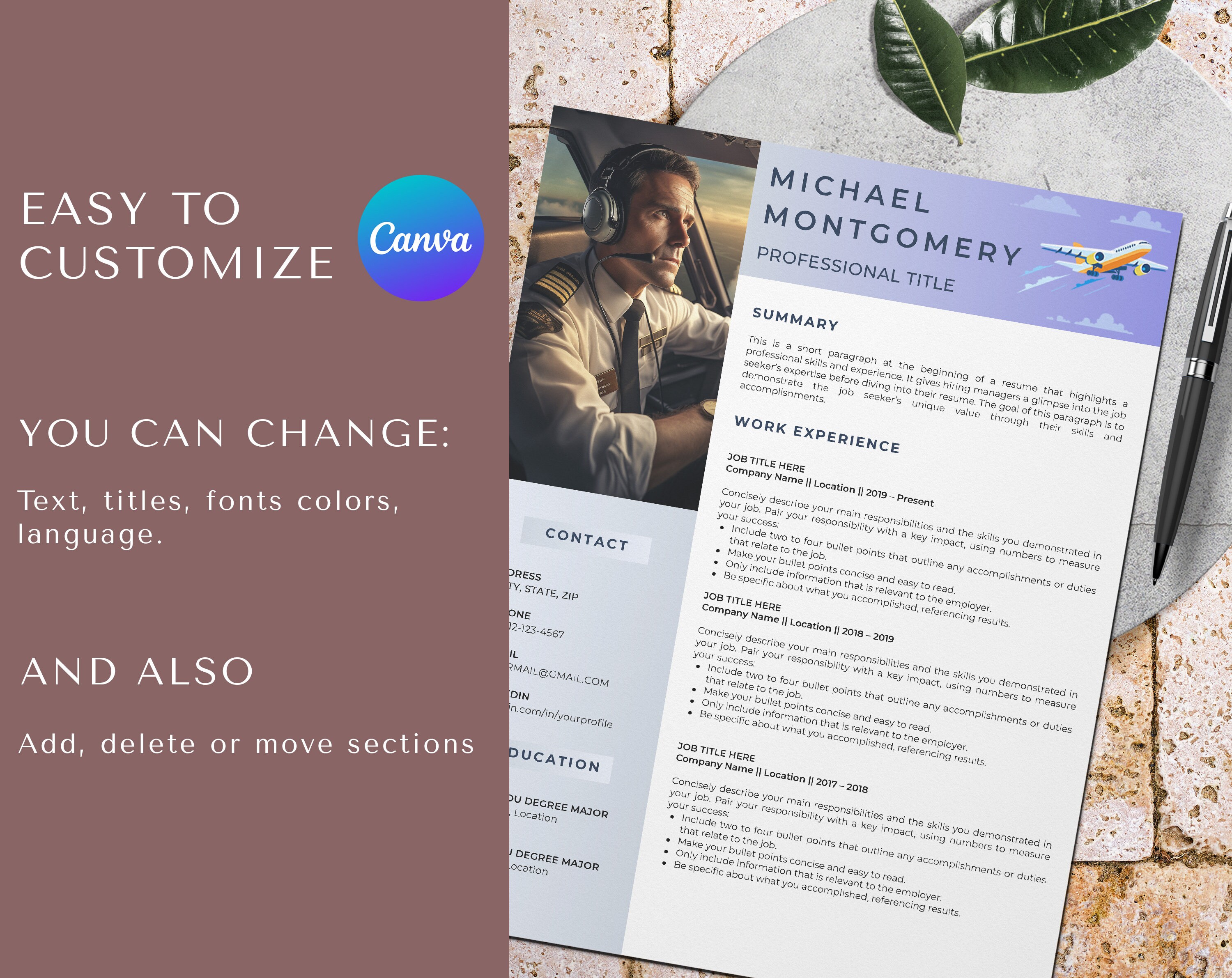 Pilot Resume Template With Photo for Canva, Airline Pilot Resume ...