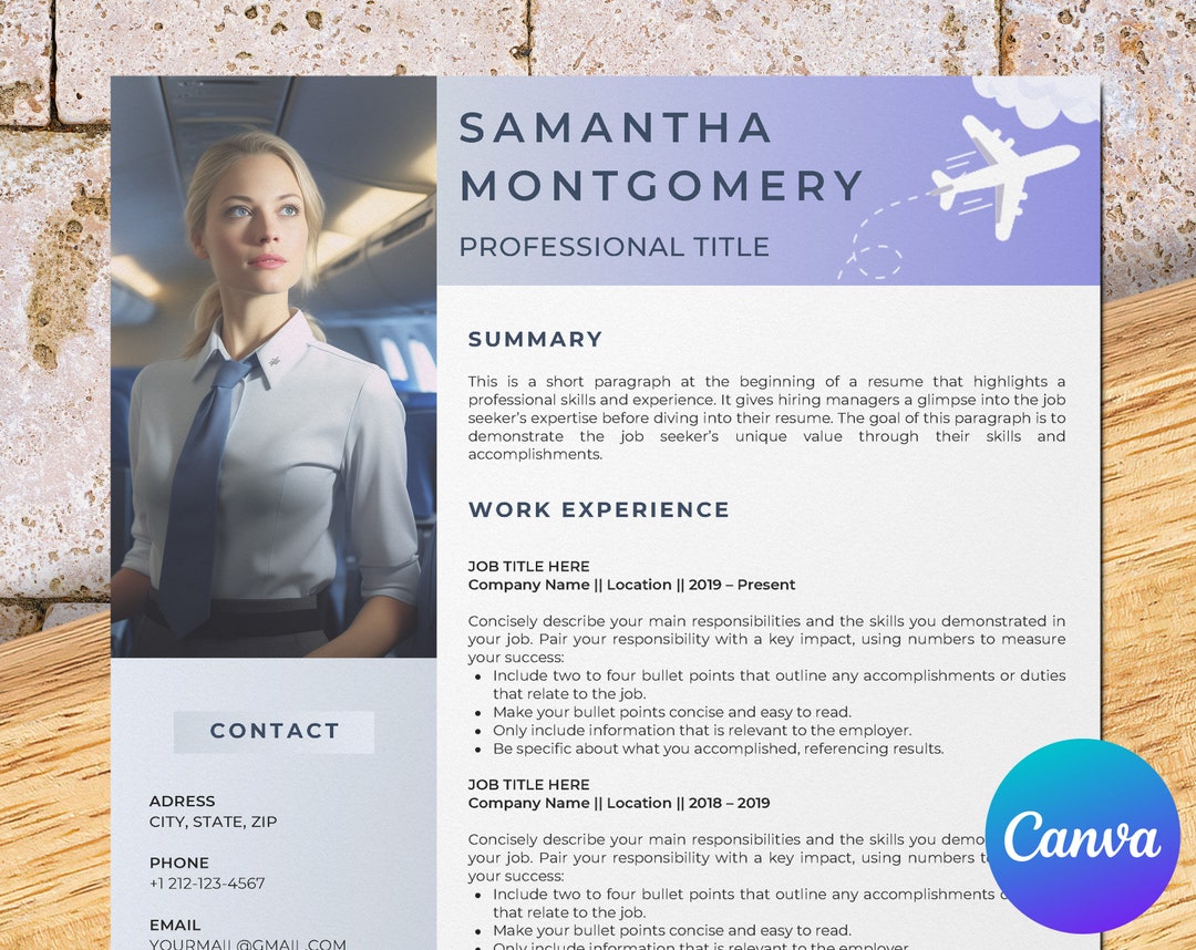Flight Attendant Resume Template for Canva, Stewardess Resume, Aviation ...