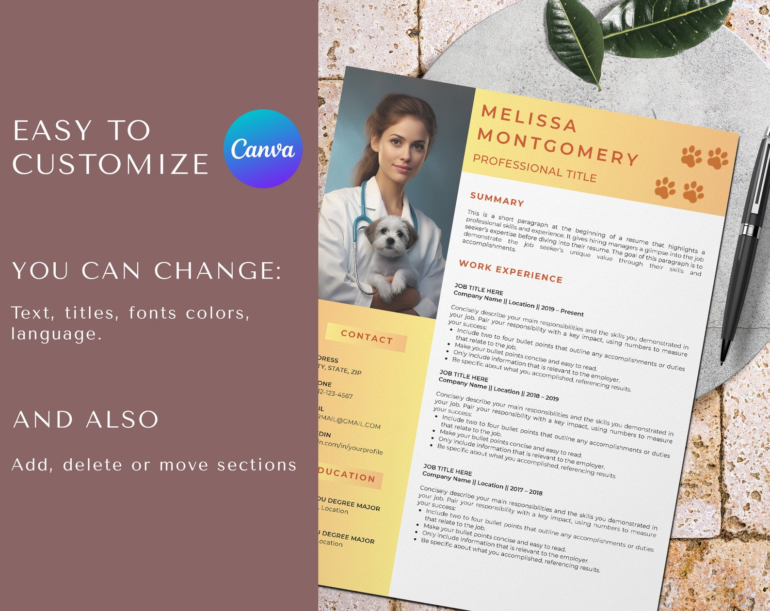 Veterinary Assistant Resume Template With Photo for Canva, Veterinary ...