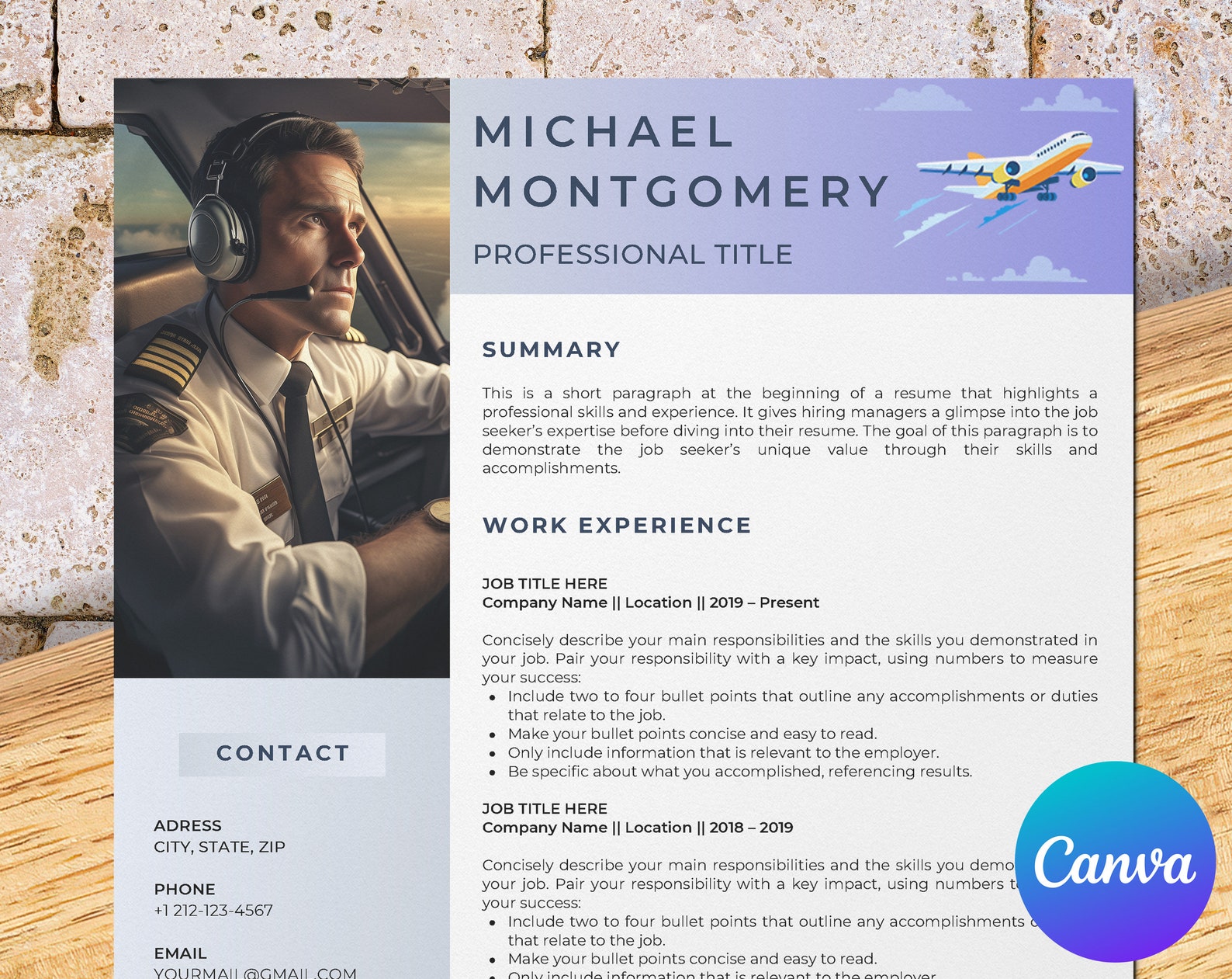 Pilot Resume Template With Photo for Canva, Airline Pilot Resume ...