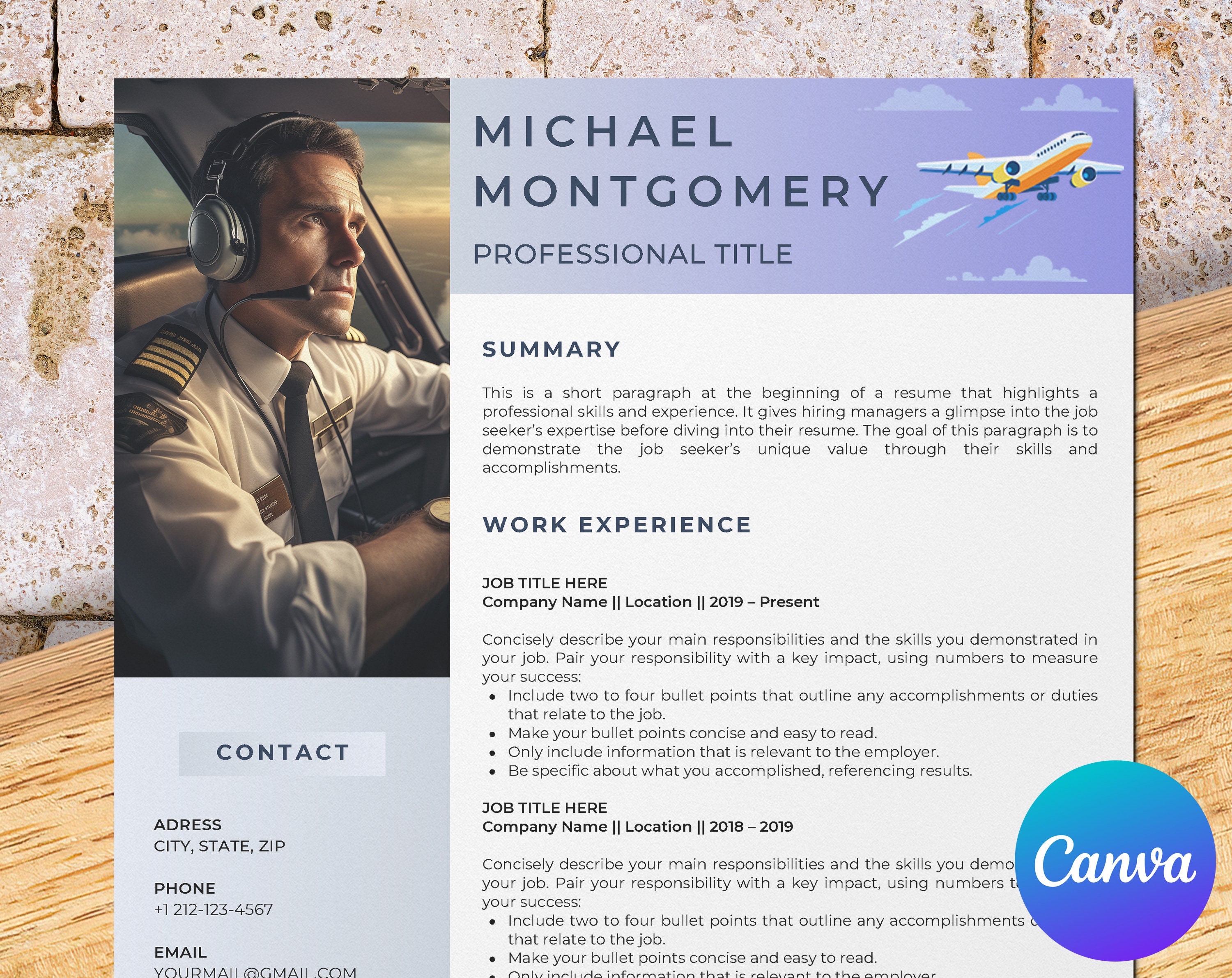 Pilot Resume Template With Photo for Canva, Airline Pilot Resume ...