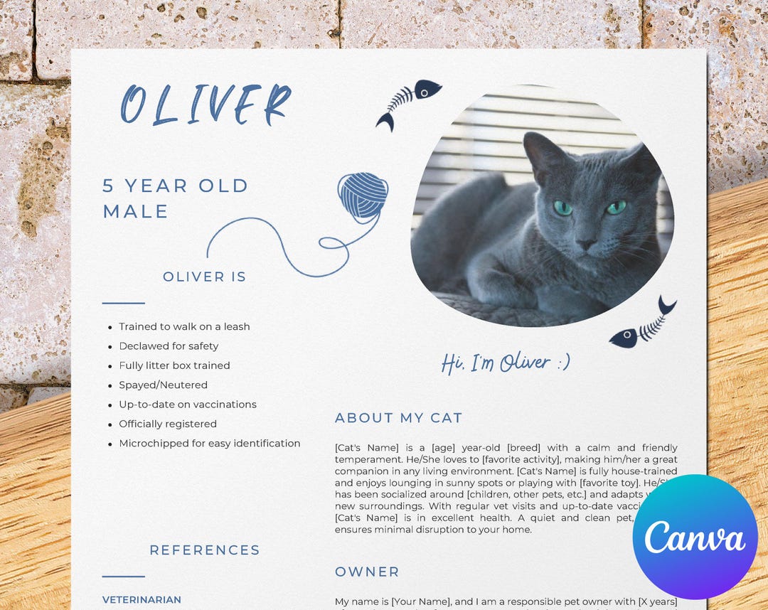 Cat Resume With Photo for Canva, Cat Resume for Rental Application, Cat ...