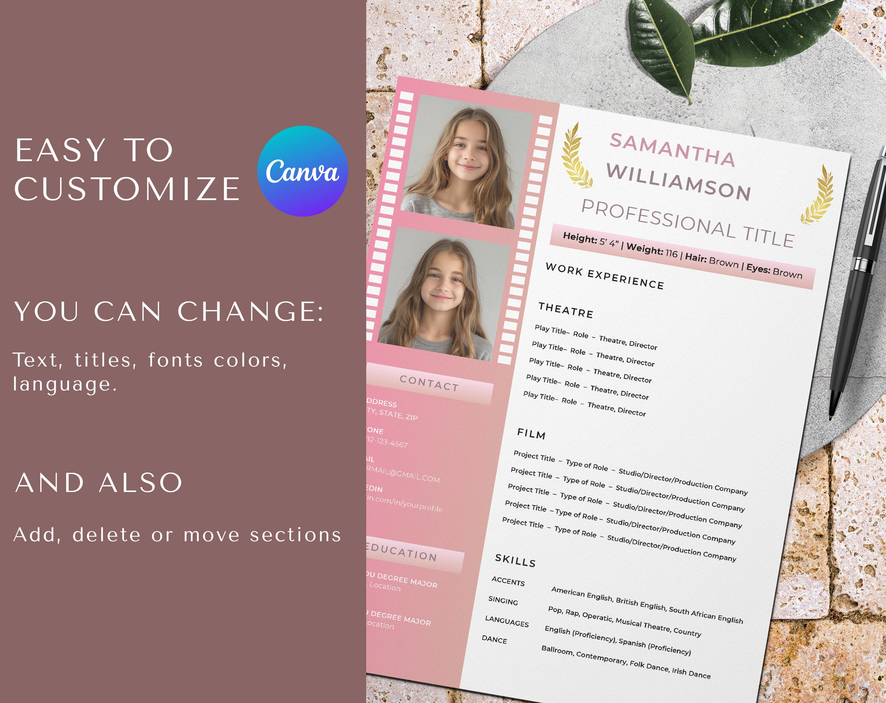 Child Actor Resume Template for Canva, Child Model Actor & Actress Cv ...