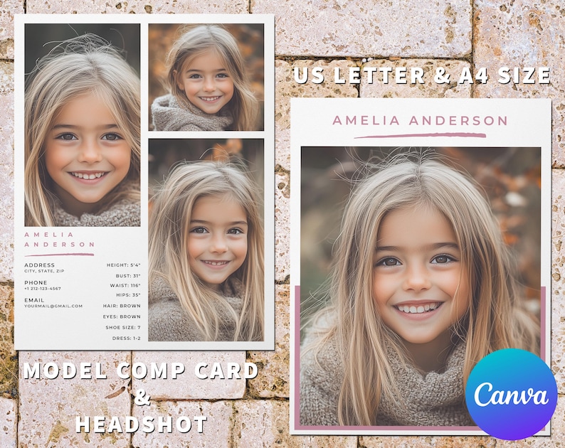 Kids Model Comp Card for Canva: Modeling Agency Zed Card, Editable ...