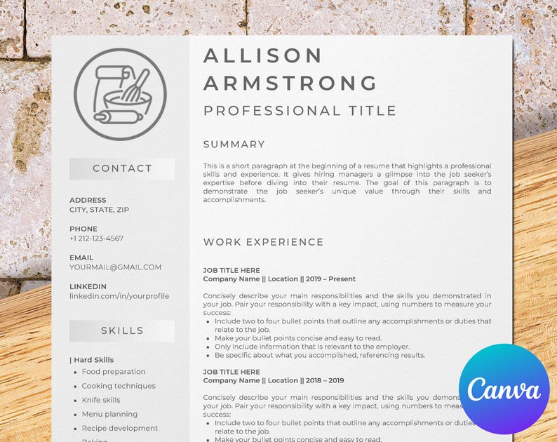 Chef & Cook Resume Template for Canva: High-quality and Customizable ...