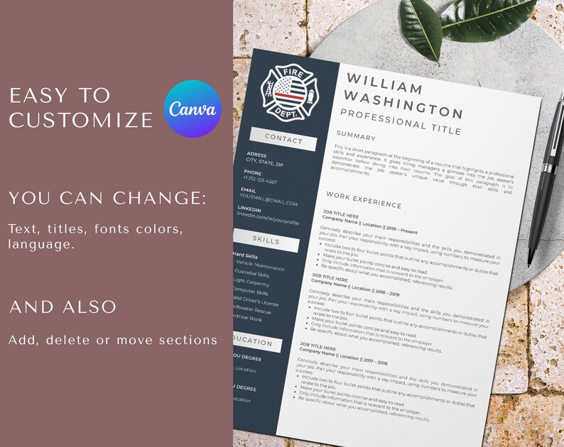 Firefighters Resume Template for Canva, Fire Dispatchers Cv, Fire ...