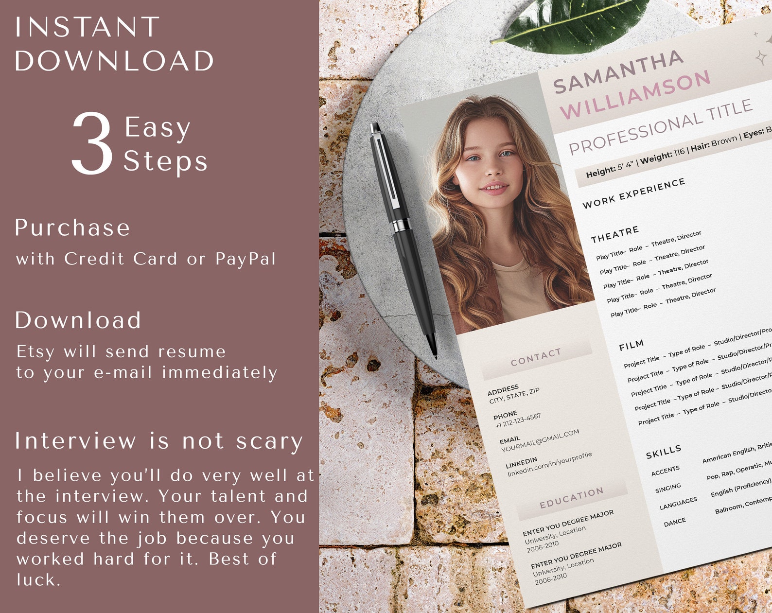 Child Actor Resume Template for Canva, Child Model Actor and Actress Cv ...