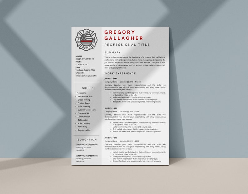Firefighter Resume Template for Word Wildland Firefighter - Etsy