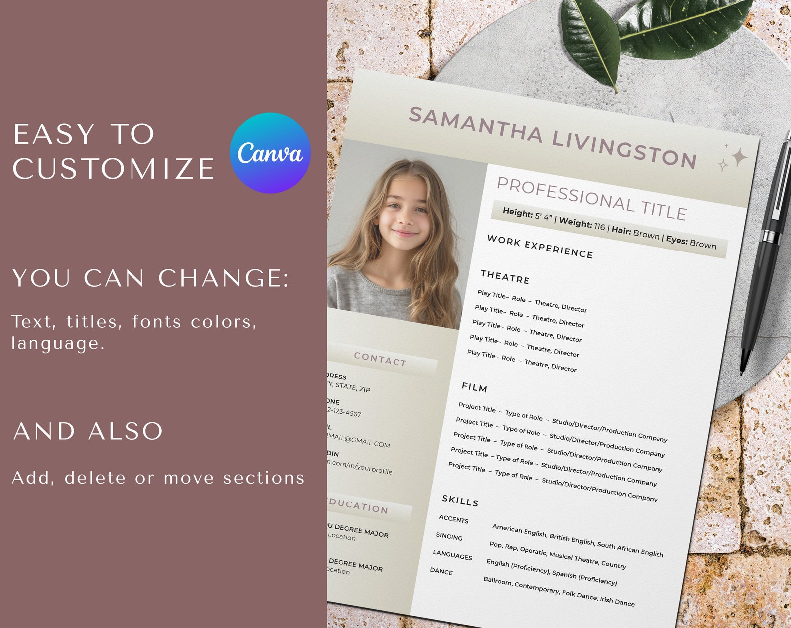 Child Actor Resume Template for Canva, Kids Actor Resume, Child Model ...