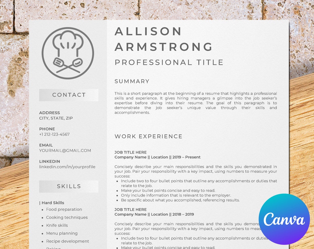 Chef & Cook Resume Template for Canva, Cover Letter Template, Culinary ...