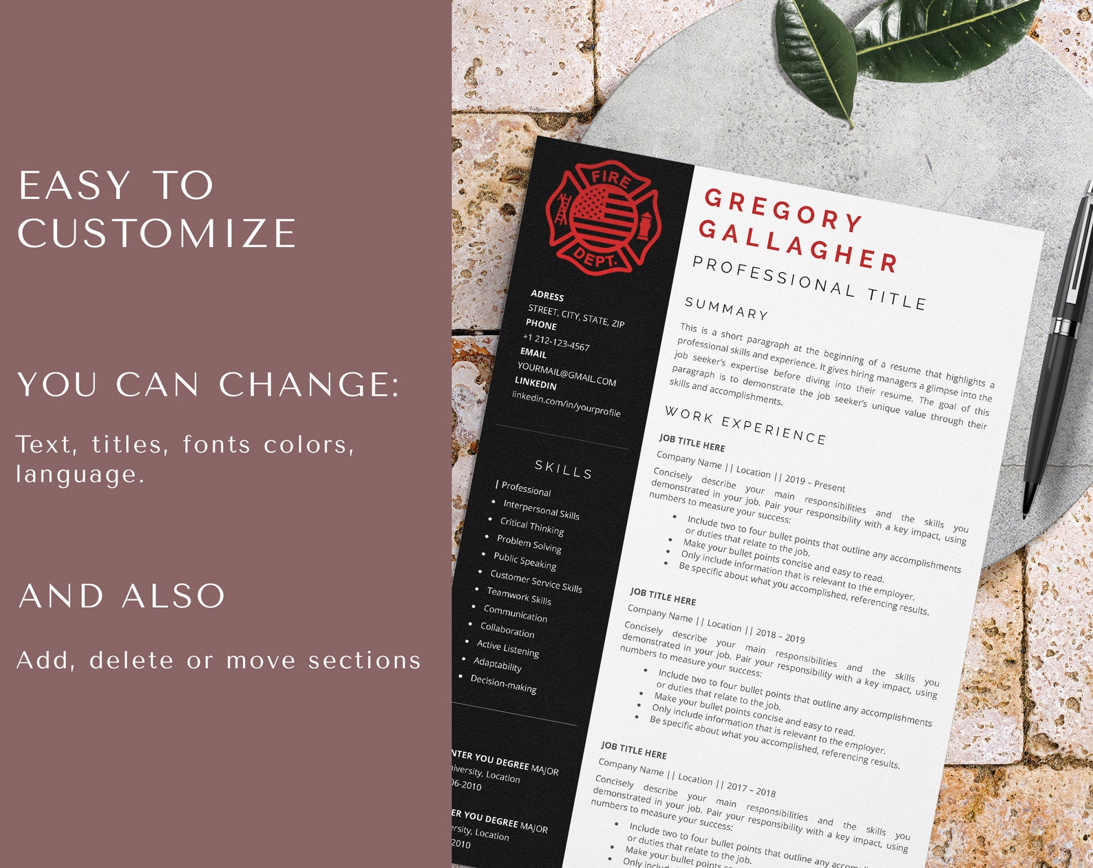 Firefighter Resume Template for Word, Fire Chief, Volunteer Firefighter ...