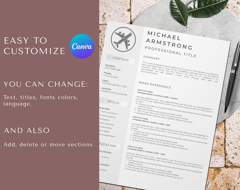 Pilot Resume Template for Canva, Aviation Resume, Airline Pilot ...