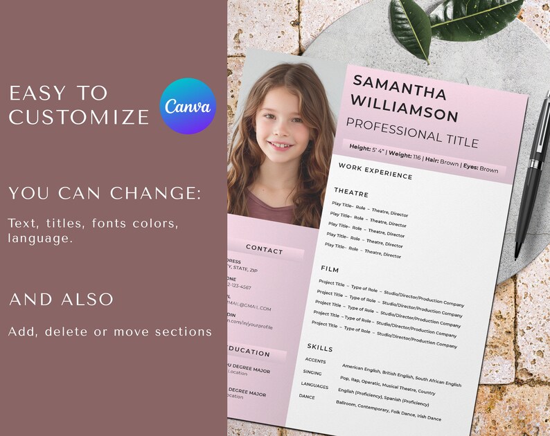 Child Actor Resume Template With Photo for Canva, Child Model Actor and ...