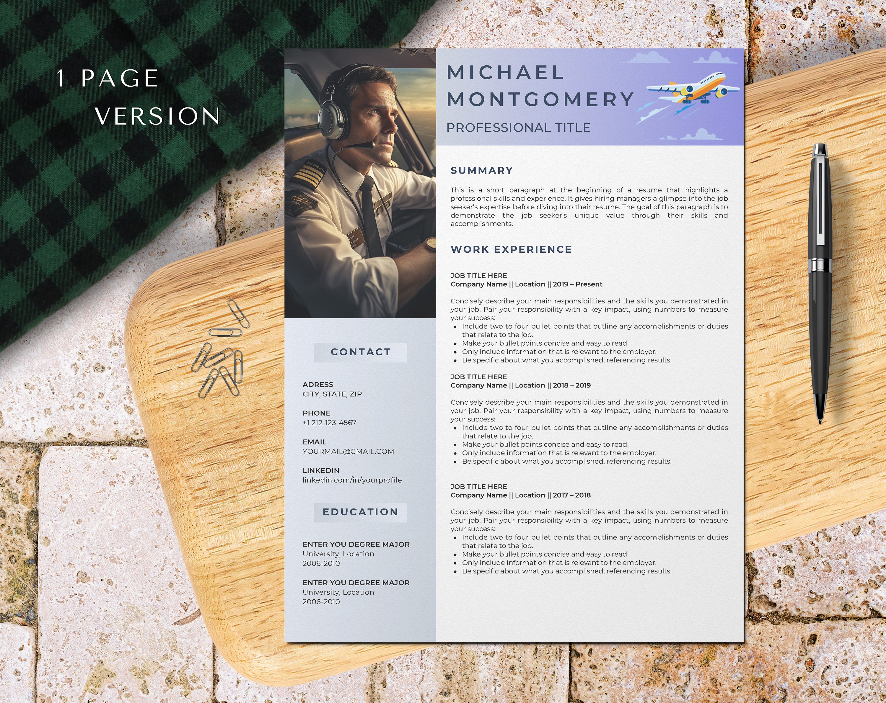 Pilot Resume Template With Photo for Canva, Airline Pilot Resume ...
