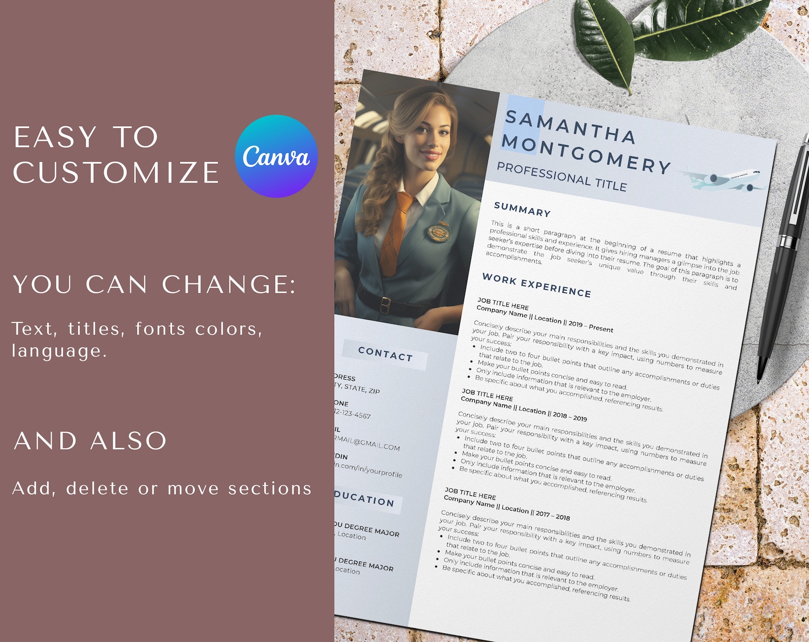 Flight Attendant Resume Template With Photo for Canva, Stewardess ...
