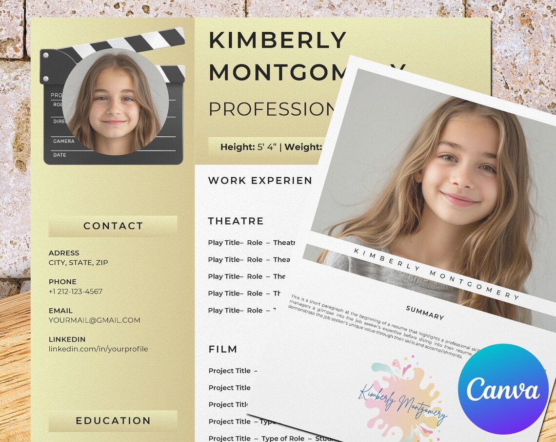 Child Actress Resume Template With Photo for Canva: a Stylish Acting ...