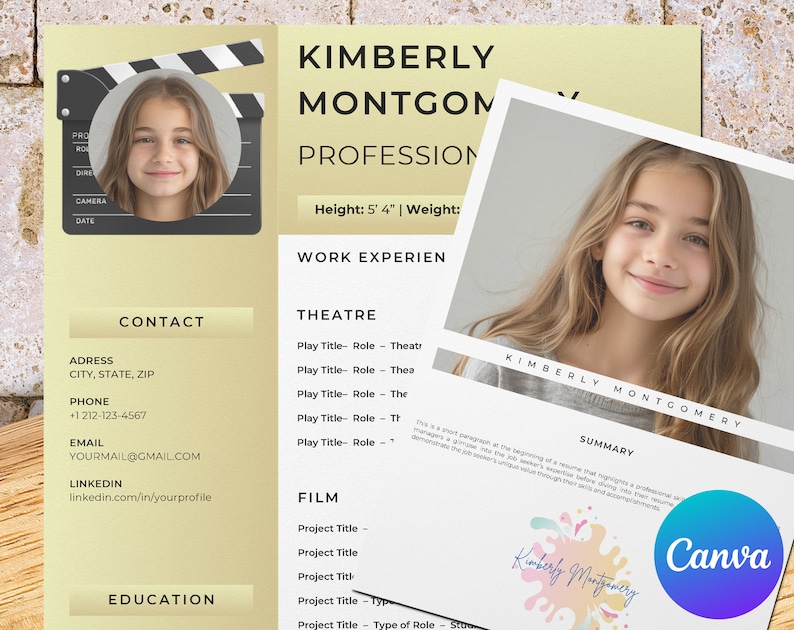 Child Actress Resume Template With Photo for Canva: a Stylish Acting ...