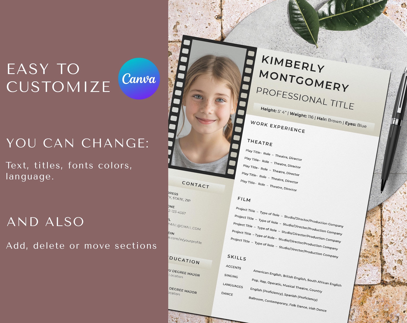 Child Actor Resume Template for Canva: Showcase Your Kids Acting Talent ...