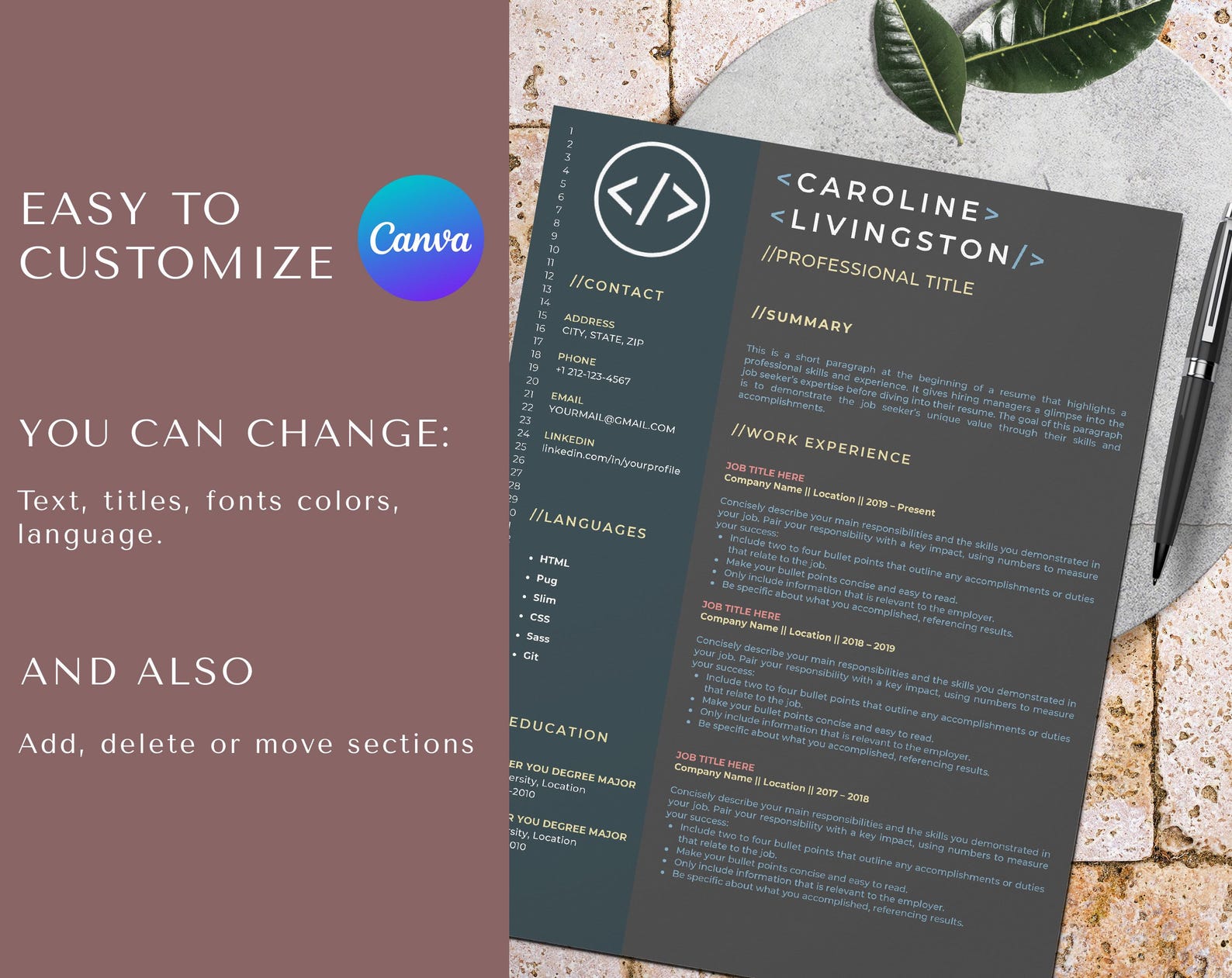 Developer Resume Template for Canva: Highlight Skills as a Web or ...
